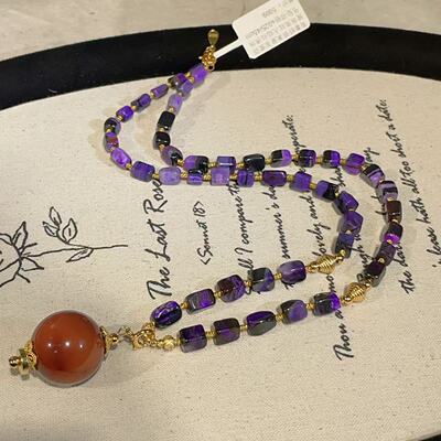 南非舒俱来皇家紫四棱珠南红火焰项链s925/45cm（浔夏）AZB11042