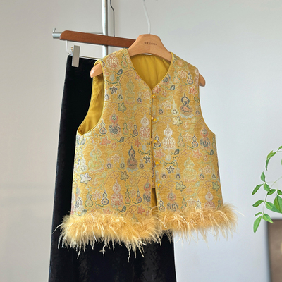 高级感减龄洋气新中式夹棉马甲女冬季保暖外穿鸵鸟毛背心叠穿国风