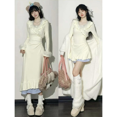 纯欲日系甜美短裙收腰显瘦设计感毛毛拼接V领假两件连衣裙女秋冬