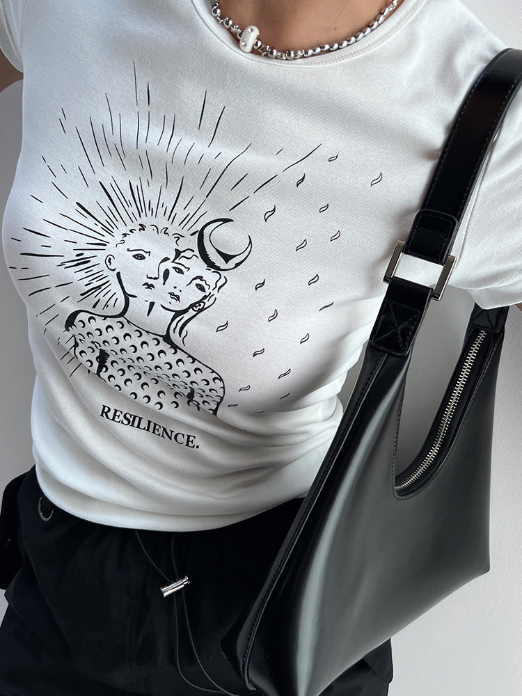 Achen姐妹修身黑白短袖T恤女夏季新款月亮印花小众设计百搭上衣女_虎窝淘