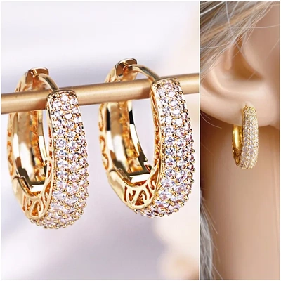 Luxury Paved CZ Hoop Earrings for Women Gold Color Hollow
