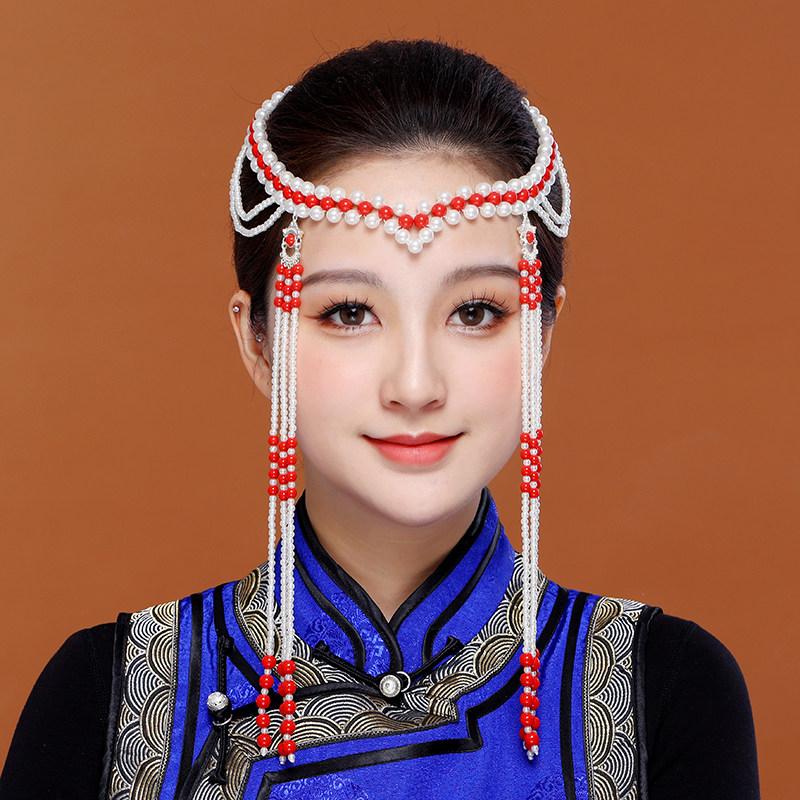 蒙古族长款流苏女士头饰民族风手工串珠佩饰舞蹈演出配饰新娘发饰