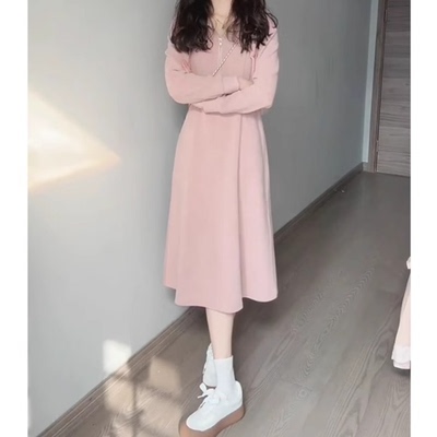 法式抽绳连帽粉色显瘦修身秋冬季连衣裙长袖纯色半拉链A字卫衣裙