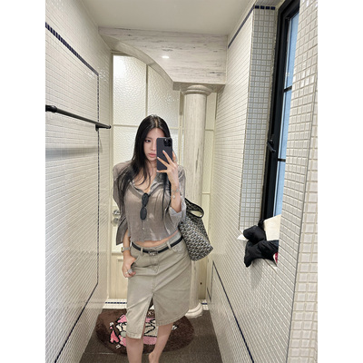 NanaByNana【莫妮卡】定染洗褪做旧工装半身裙女夏直筒开叉中裙
