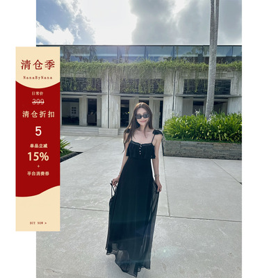【清仓5折粉丝福利】定制黑色蕾丝连衣裙女春飞袖吊带裙