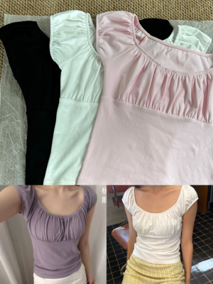 2025超越同款方领褶皱泡泡袖短袖T恤bm纯欲风修身显瘦上衣