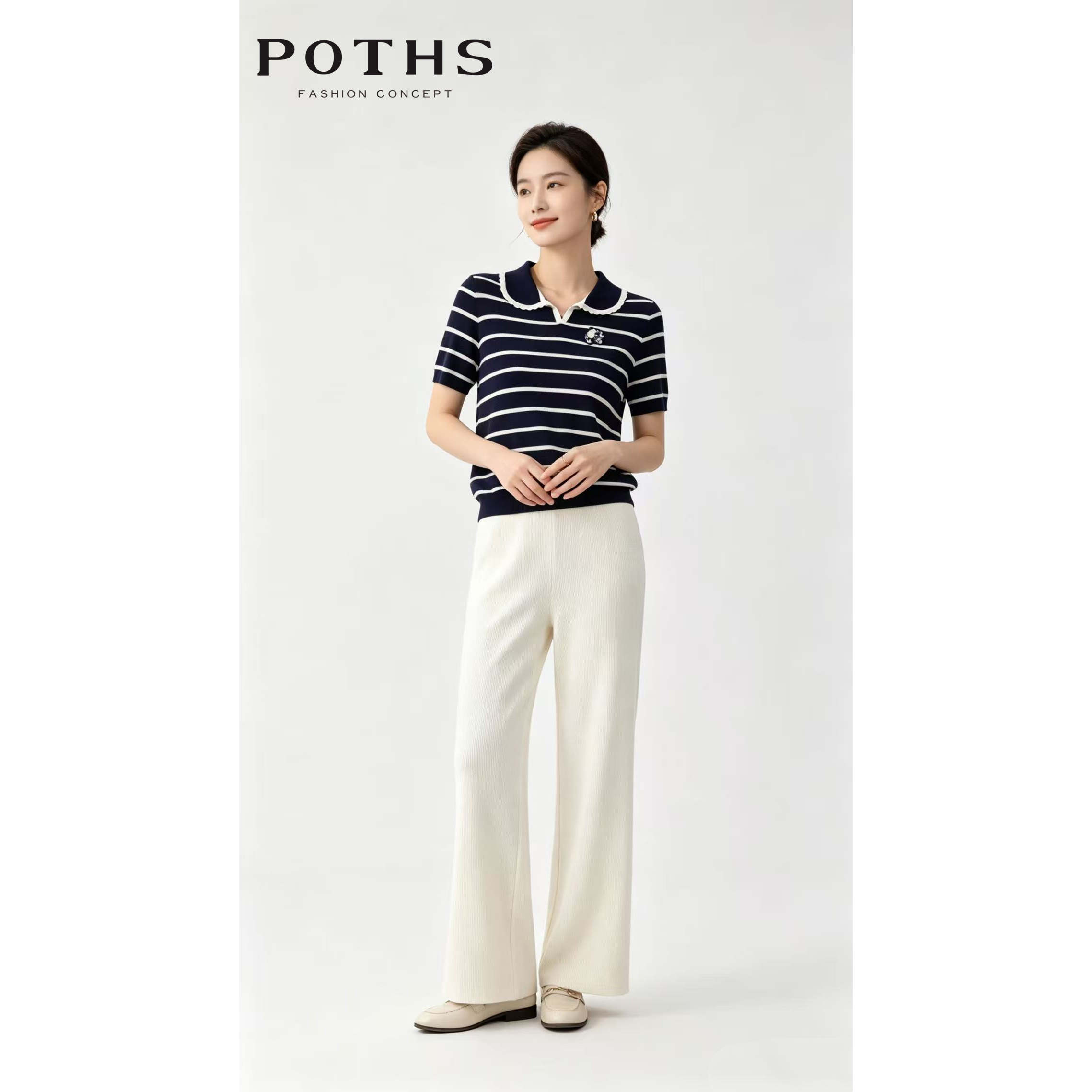 POTHS/铂玺2026新学院风条纹POLO领短袖针织衫女修身上衣86206206