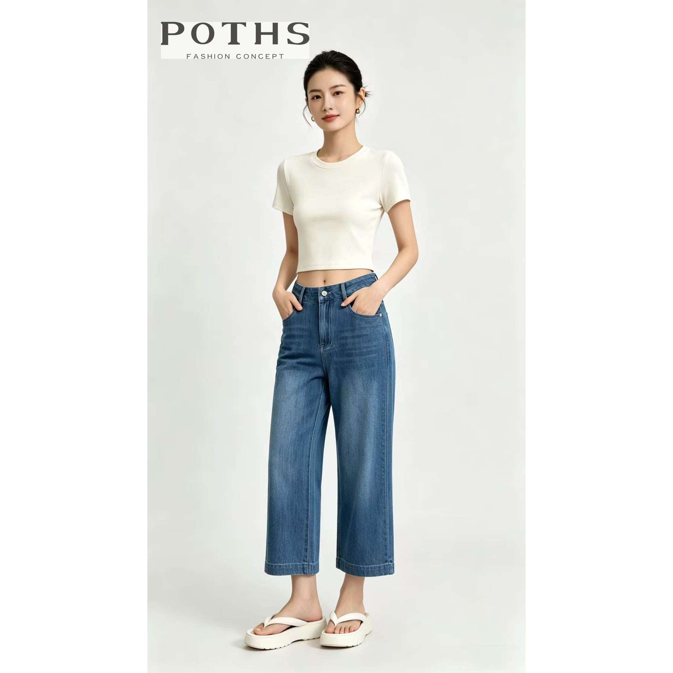 POTHS/铂玺2026年夏季侧边双杠刺绣九分小个子直筒牛仔裤86220068