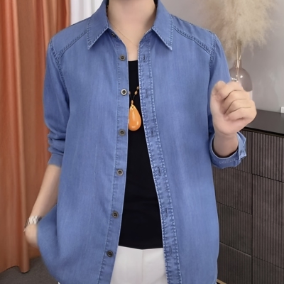 春秋蓝色牛仔宽松显瘦衬衫女