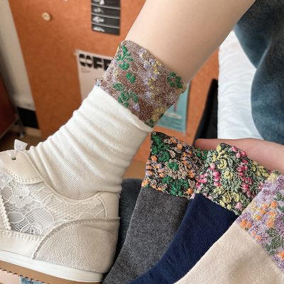 秋冬季潮百搭ins中筒袜花朵女银丝韩系复古日系棉袜彩色撞色森系