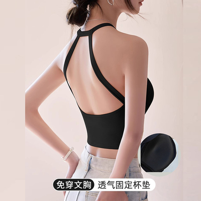 挂脖运动文胸固定杯露背背心性感细带美背免穿内衣普拉提上衣黑色