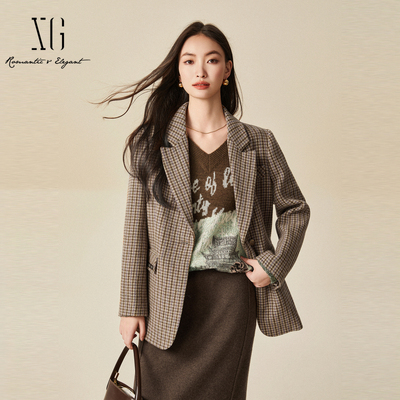 xg雪歌100%绵羊毛复古格纹西装外套女2024冬新款上衣XJ407032B695