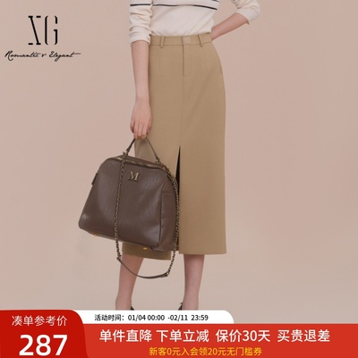 XG雪歌直筒高腰半身裙女春装25新款气质开叉中长裙子XK103019A173