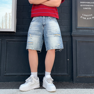 复古潮牌夏季薄款破洞裤美式水洗磨白宽松百搭刮烂五分牛仔裤男