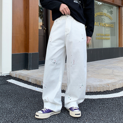 美式高街泼墨牛仔裤男宽松直筒潮牌痞帅拖地长裤vibe风彩色喷漆裤