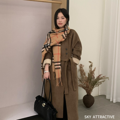 SKY ATTRACTIVE-通勤风立领长款大衣(配围巾,腰带)20367