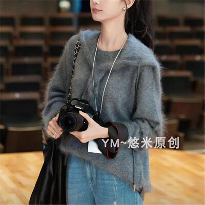 2026美人余余梦李一桐同款灰色毛衣圆领套头宽松长袖帽子披肩两件