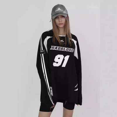 早秋～BB球衣宽松休闲运动辣妹刺绣贴布拼接网眼长袖T恤ins男女