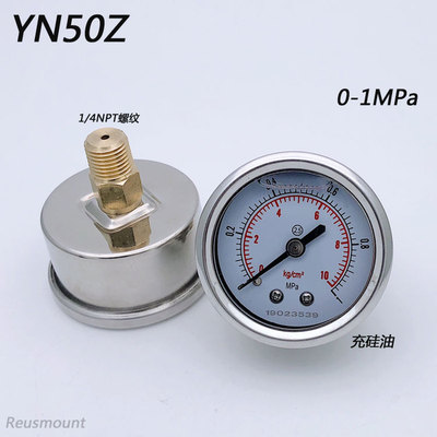 YN50Z充硅油表0-1MPa耐低温压力表10Kg抗震表轴向接口1/4NPT螺纹