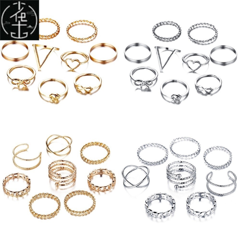 17M Gold Sliver Rings Set For Women Vintage Heart Bow Twis_虎窝淘