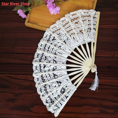 Vintage bamboo and wood lace folding fan Palace embroidery
