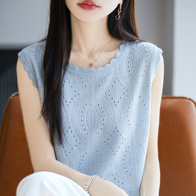 2025年夏新款花边镂空提花时尚无袖针织背心百搭气质减龄打底上衣