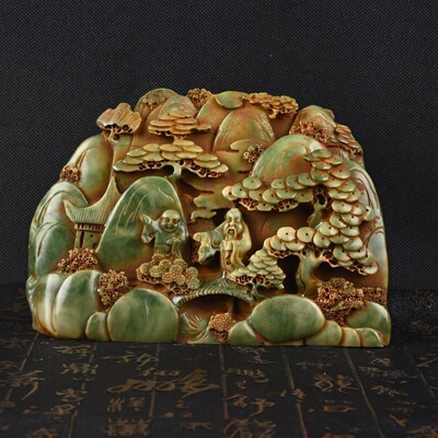 旧藏艾叶绿精雕山水人物山子摆件松下问童子文房雅藏16*5*10.5cm