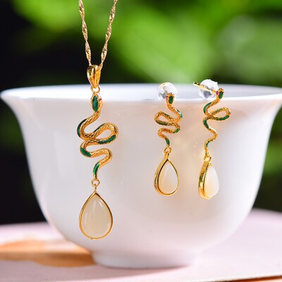 S925银镶和田玉水滴珐琅吉祥蛇生肖蛇耳饰吊坠配彩锆套装耳坠0205