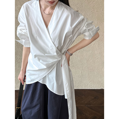鹿西 秋季韩系不规则收腰绑带衬衫女休闲小众设计一片式上衣3563