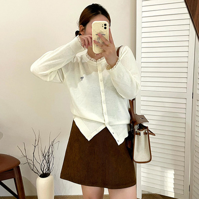 大码女装花边圆领针织衫女长袖上衣2025秋胖mm宽松开衫外套23120