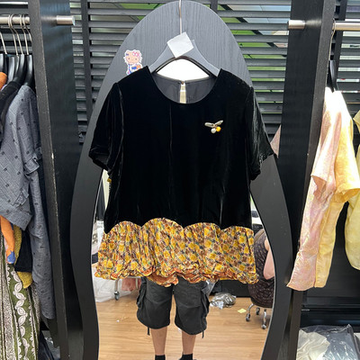 欧洲站蚕丝拼接宽松短袖女T恤