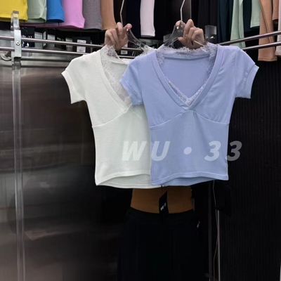 2025春季新款韩版wu33打底衫v领蕾丝边设计感短袖T恤纯欲显瘦上衣