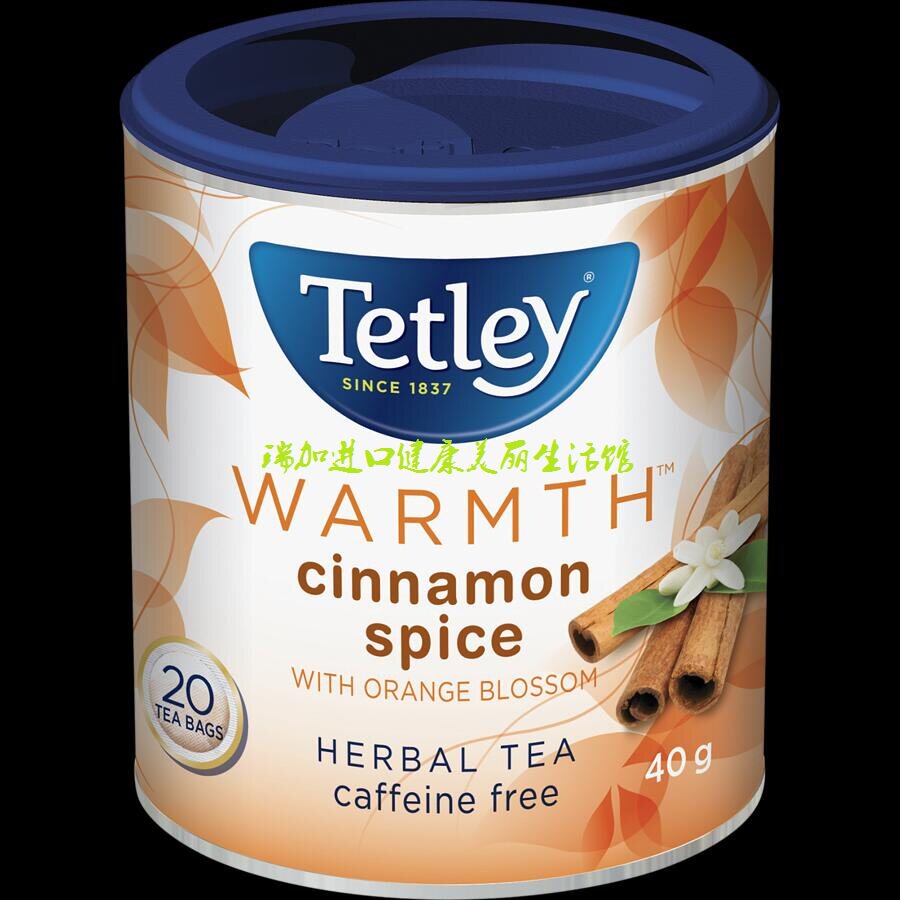 包邮加拿大TETLEY泰勒WARMTH肉桂橙花20包40克*2罐无咖啡因花草茶