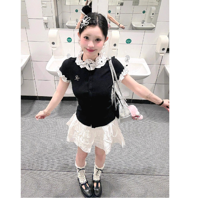 ikyou原创小众设计波点拼接针织短袖女夏季新款修身显瘦短款上衣