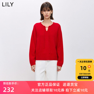 LILY2026春新款兔绒羊毛混纺新年节日手工盘带扣飘带针织衫毛衣女