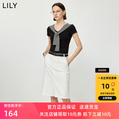 LILY2026夏新款女装莱赛尔混纺海军领V领条纹披肩休闲通勤短袖T恤