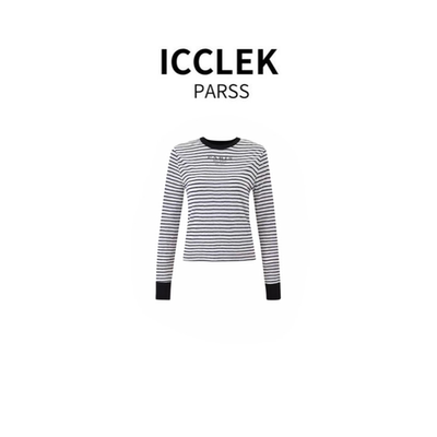 ICCLEK PARSS 条纹针织衫女长袖圆领修身显瘦百搭上衣-9494