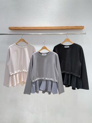 韩国东大门2026春新品INTRO时尚百搭纯色圆领长袖拼接花苞下摆T恤