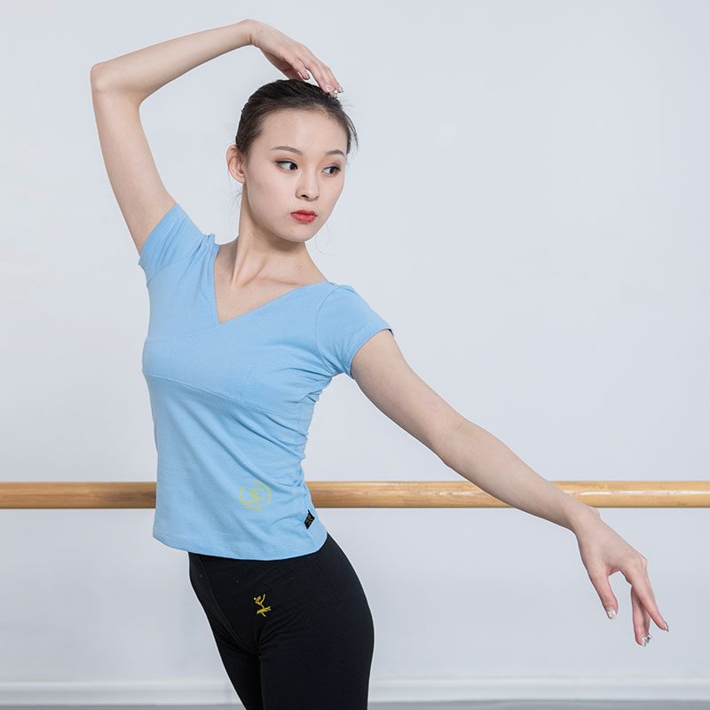 红舞鞋舞蹈短袖上衣女前交叉上衣棉短袖t恤健美操上装拉丁练功服