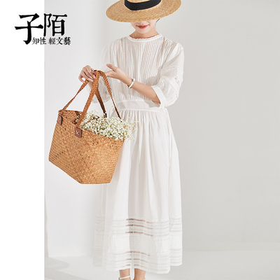 子陌百搭简约系带圆领纯棉系带收腰过膝长款连衣裙夏2022
