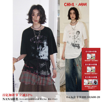 复古宽松人物印花刺绣短袖T恤女