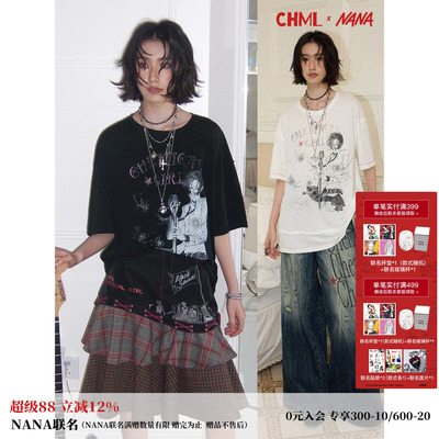 化学少女×NANA联名 复古宽松印花刺绣短袖T恤设计感修身显瘦上衣