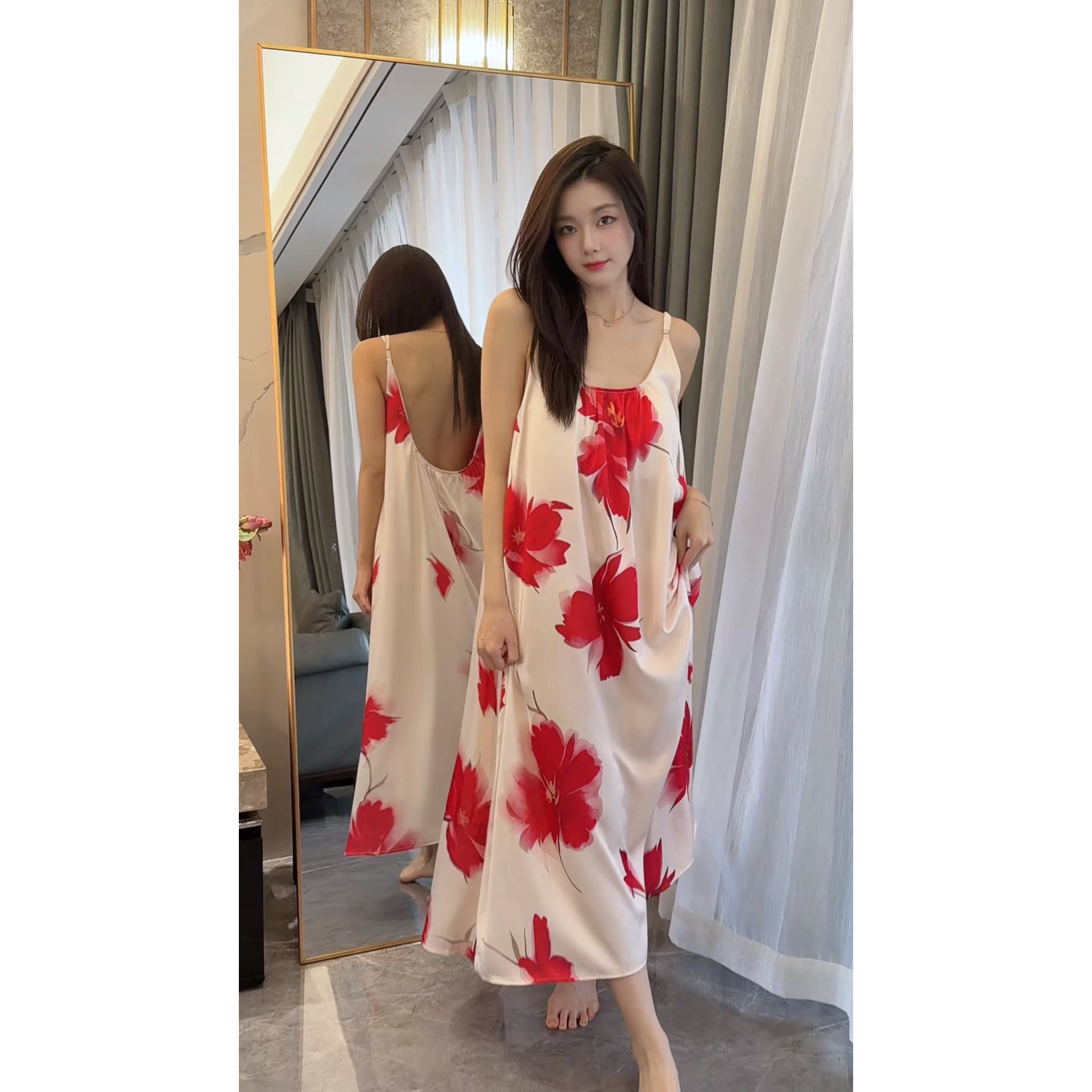 2026新款甜美风花卉印花吊带睡裙带胸垫女夏季露背长裙质感家居服