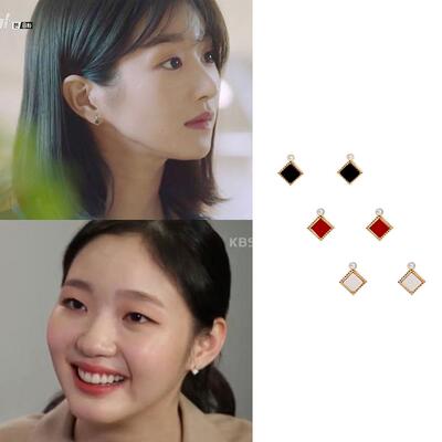 金高银韩版菱形耳钉多色珍珠