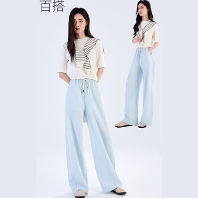 82866春夏新款女士棉莱赛尔老钱风宽松抽绳高腰直筒长裤休闲裤