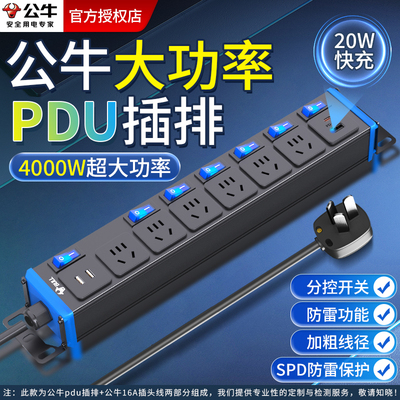公牛pdu机柜插座大功率16A插排带USB分控开关防雷多孔位插线板