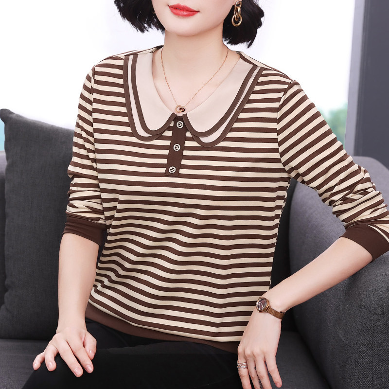 条纹长袖t恤女 2026春秋装新款减龄秋衣外穿中老年妈妈上衣打底衫