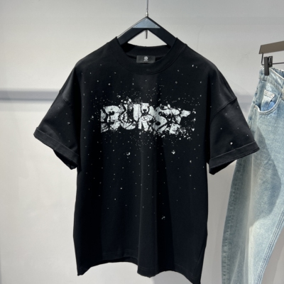 夏季全棉水洗做旧喷绘烫钻T恤