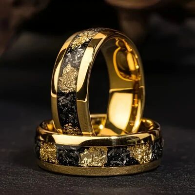 8mm Men Stainless Steel Rings Inlay Meteorite Abalone Shell