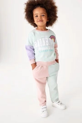 现货英国NEXT童装正品女童女宝宝彩虹拼色薄绒卫衣运动裤子套装